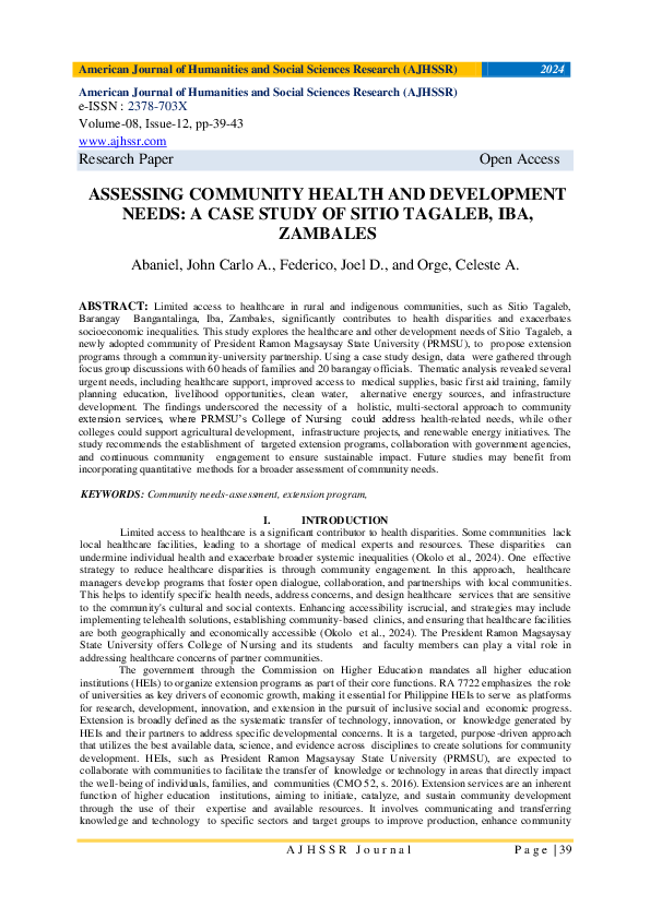 (PDF) ASSESSING COMMUNITY HEALTH AND DEVELOPMENT NEEDS: A CASE STUDY OF ...