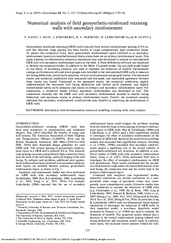 (PDF) Numerical analysis of field geosynthetic-reinforced retaining walls with secondary ...