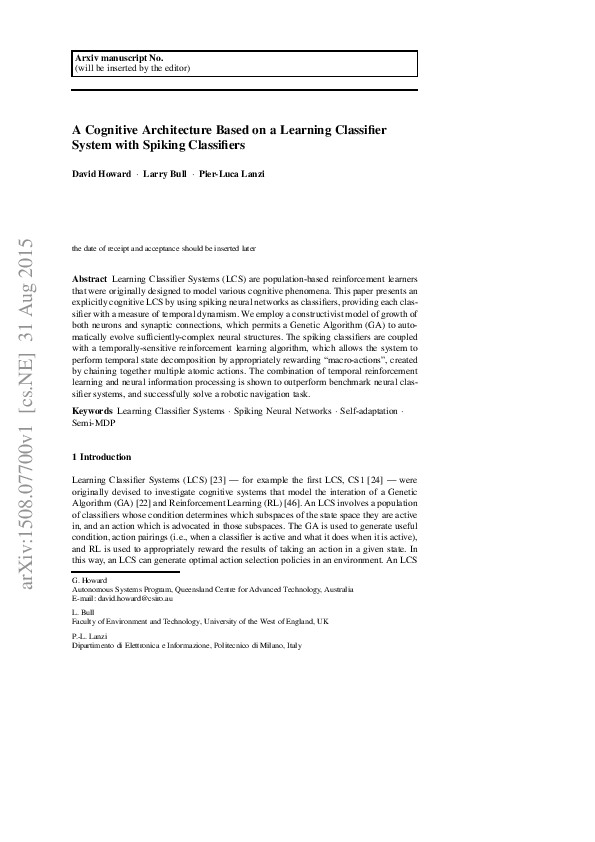 Pdf A Cognitive Architecture Based On A Learning Classifier System With Spiking Classifiers