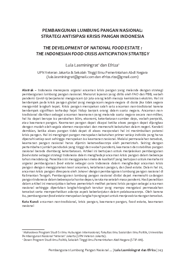 (PDF) Pembangunan Lumbung Pangan Nasional: Strategi Antisipasi Krisis Pangan Indonesia
