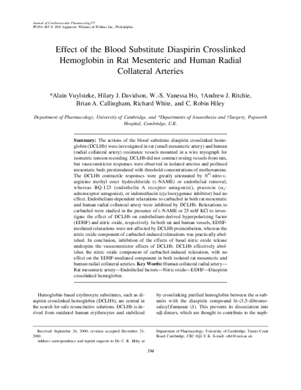 (PDF) Effect of the Blood Substitute Diaspirin Crosslinked Hemoglobin in Rat Mesenteric and ...