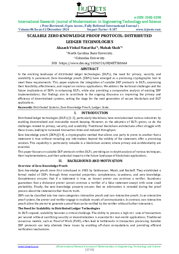 (PDF) SCALABLE ZERO-KNOWLEDGE PROOF PROTOCOL: DISTRIBUTED LEDGER TECHNOLOGIES