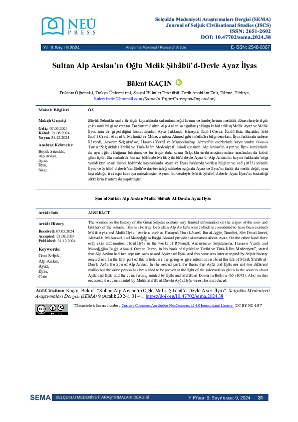 (PDF) Sultan Alp Arslan’ın Oğlu Melik Şihâbü’d-Devle Ayaz İlyas