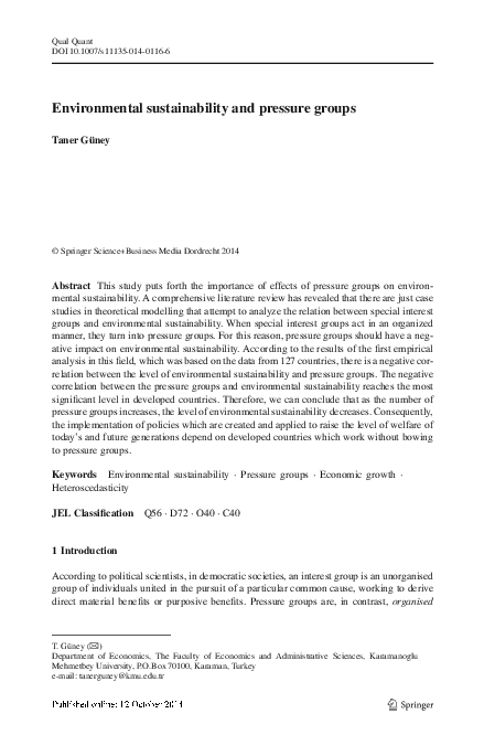 (PDF) Environmental sustainability and pressure groups