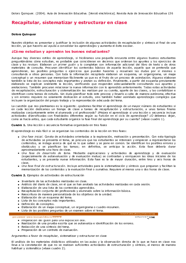 (PDF) Recapitular, sistematizar y estructurar en clase