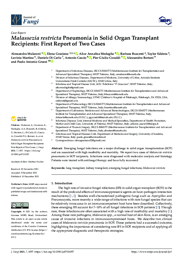 (PDF) Malassezia restricta Pneumonia in Solid Organ Transplant Recipients: First Report of Two Cases