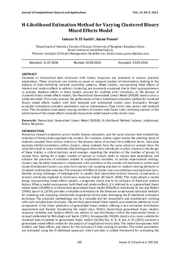 (PDF) H-Likelihood Estimation Method for Varying Clustered Binary Mixed Effects Model