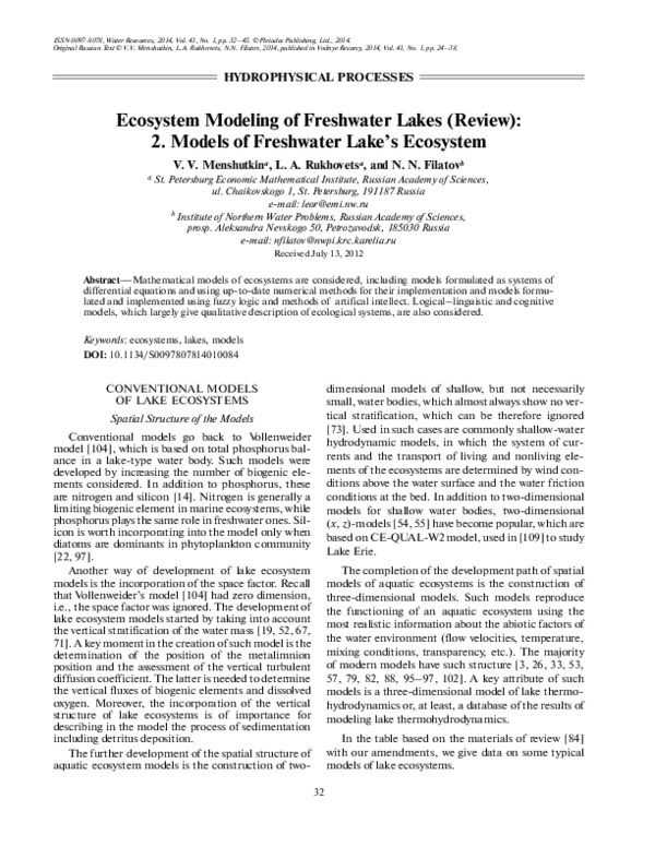 (PDF) Ecosystem modeling of freshwater lakes (review): 2. Models of ...