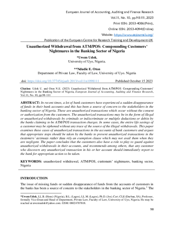 (PDF) Unauthorized Withdrawal from ATM/POS: Compounding Customers ...