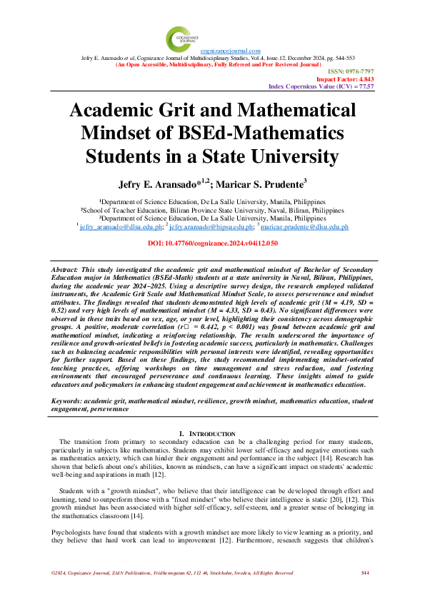 (PDF) Academic Grit and Mathematical Mindset of BSEd-Mathematics ...