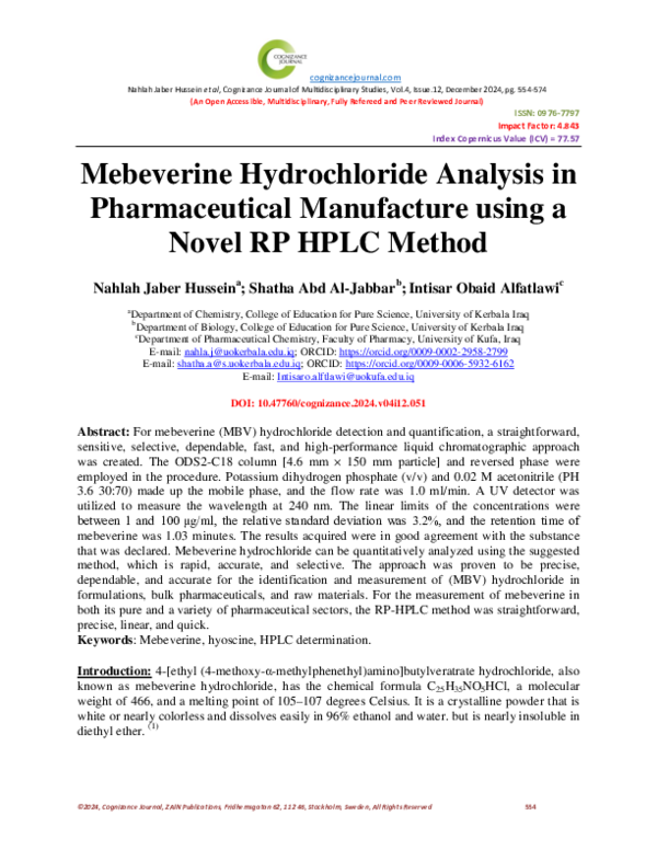 (PDF) Mebeverine Hydrochloride Analysis in Pharmaceutical Manufacture using a Novel RP HPLC Method