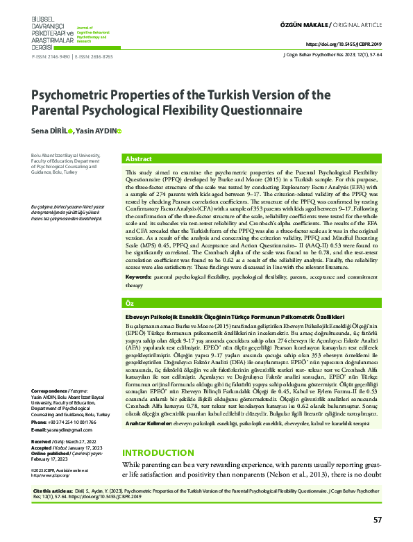 (PDF) Psychometric Properties of the Turkish Version of the Parental ...