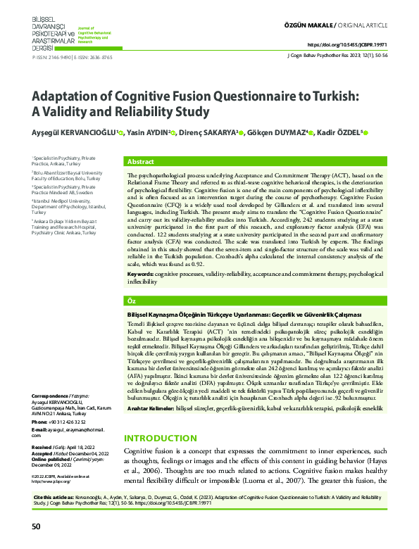 (PDF) Adaptation of Cognitive Fusion Questionnaire to Turkish: A Validity and Reliability Study