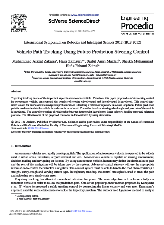 (PDF) Vehicle Path Tracking Using Future Prediction Steering Control | hafiz fahami - Academia.edu