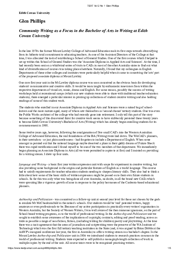 (PDF) Community Writing as a Focus in the Bachelor of Arts in Writing ...