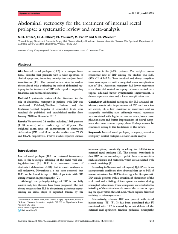 (PDF) Abdominal rectopexy for the treatment of internal rectal prolapse ...