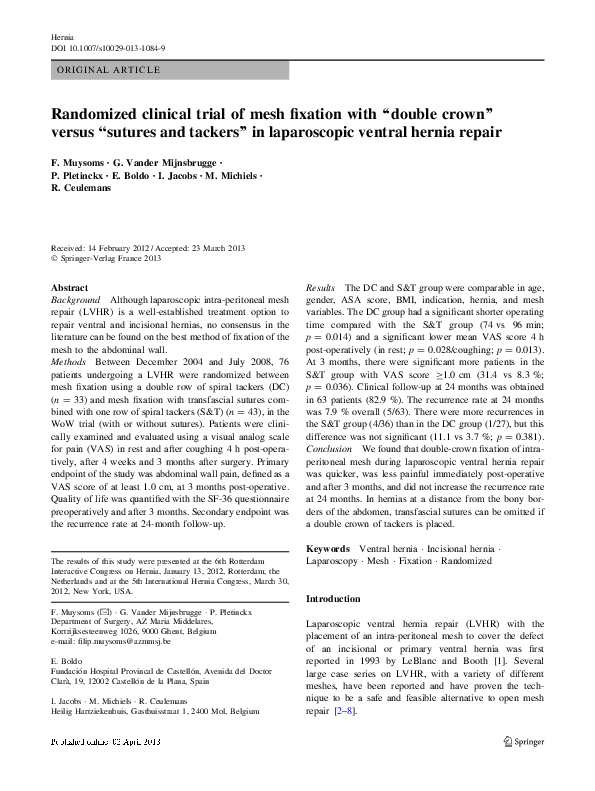(PDF) Randomized clinical trial of mesh fixation with “double crown” versus “sutures and tackers ...