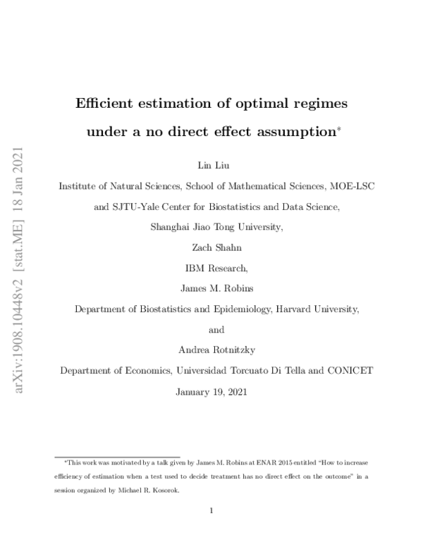 (PDF) Efficient estimation of optimal regimes under a no direct effect ...