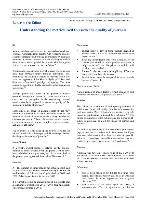 (PDF) Understanding the metrics used to assess the quality of journals