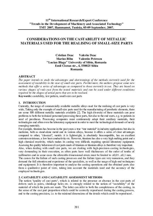 (PDF) Considerations on the Castability of Metallic Materials Used for ...