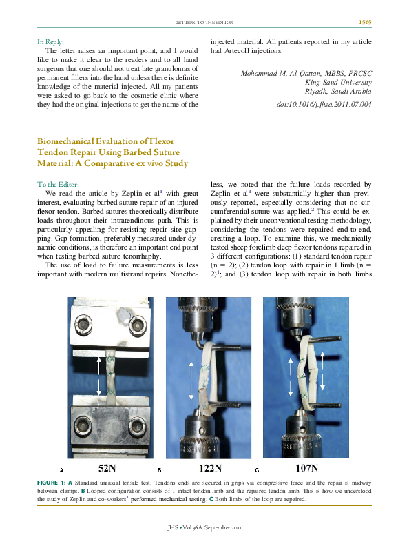 (PDF) Biomechanical Evaluation of Flexor Tendon Repair Using Barbed ...