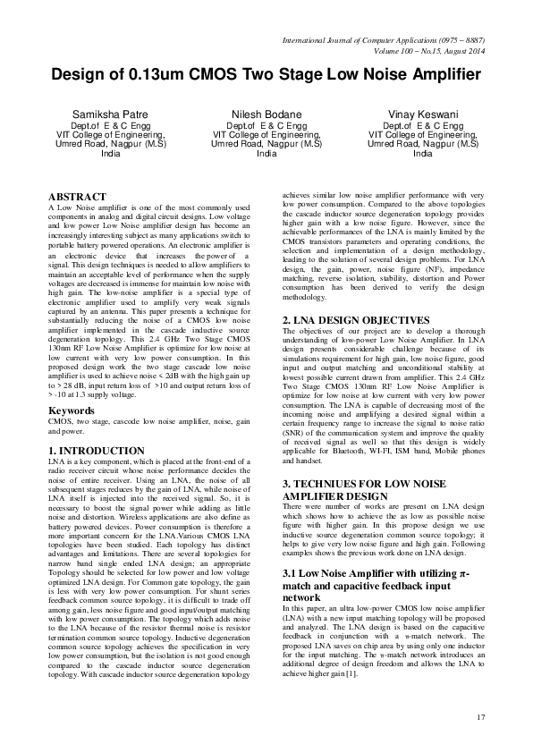 (PDF) Design of 0. 13um CMOS Two Stage Low Noise Amplifier