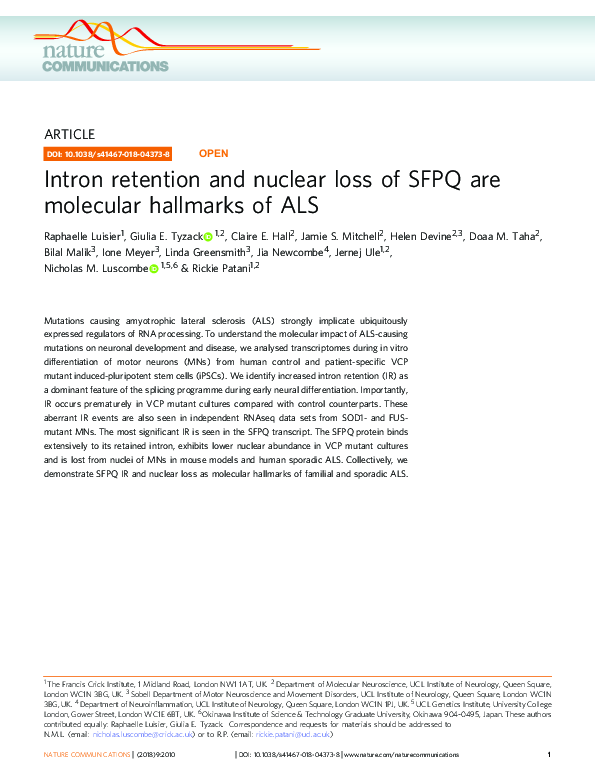 (PDF) Intron retention and nuclear loss of SFPQ are molecular hallmarks ...