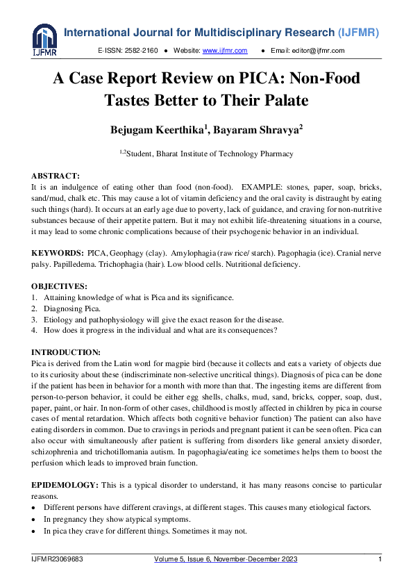 (PDF) A Case Report Review on PICA: Non-Food Tastes Better to Their Palate