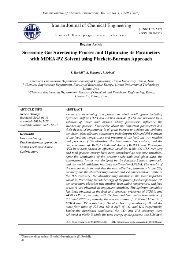 (PDF) Screening and Optimization of Gas Sweetening Process Parameters with MDEA-PZ Solvent using ...