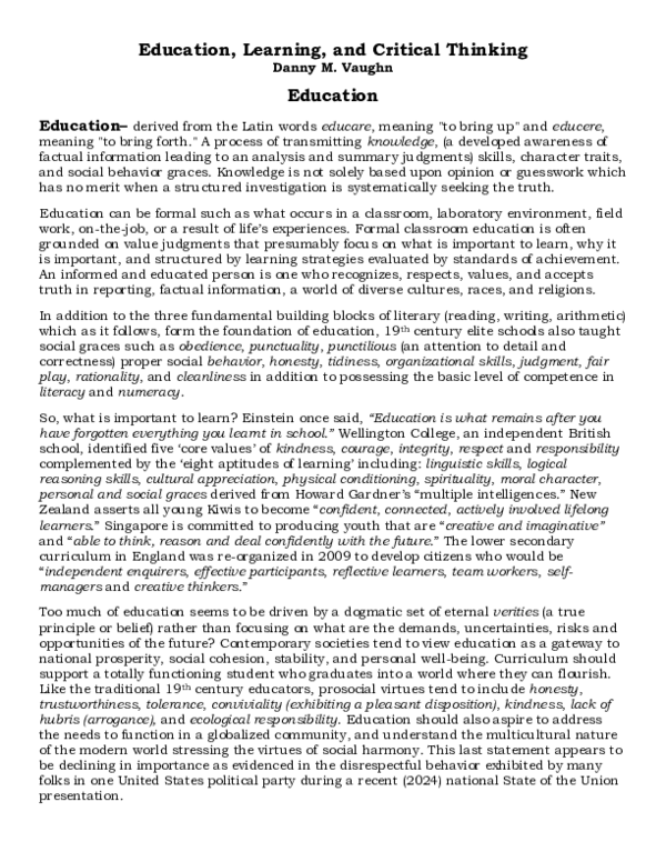 (PDF) Education, Learning, Critical Thinking I