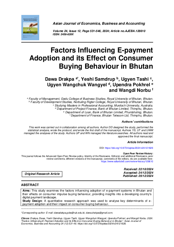 (PDF) Factors Influencing E-payment Adoption and its Effect on Consumer Buying Behaviour in Bhutan