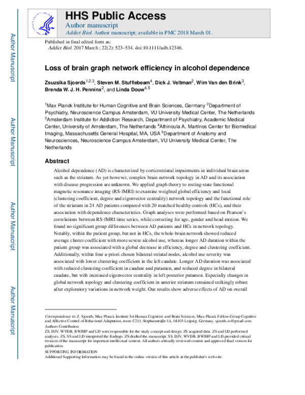 (PDF) Loss of brain graph network efficiency in alcohol dependence