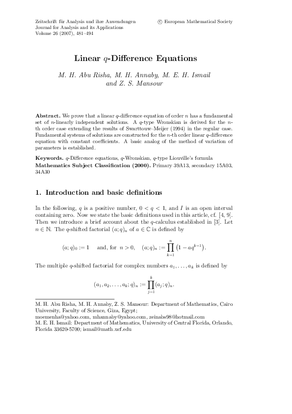 (PDF) Linear q-Difference Equations