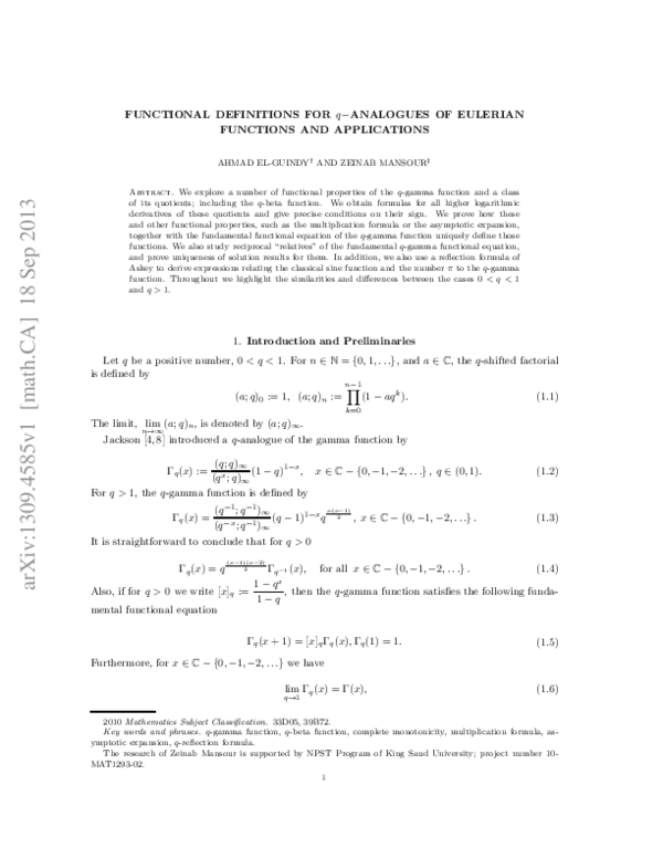 (PDF) Functional definitions for q-analogues of Eulerian functions and applications | Zeinab S ...