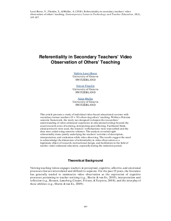 (PDF) Referentiality in Secondary Teachers' Video Observation of Others' Teaching
