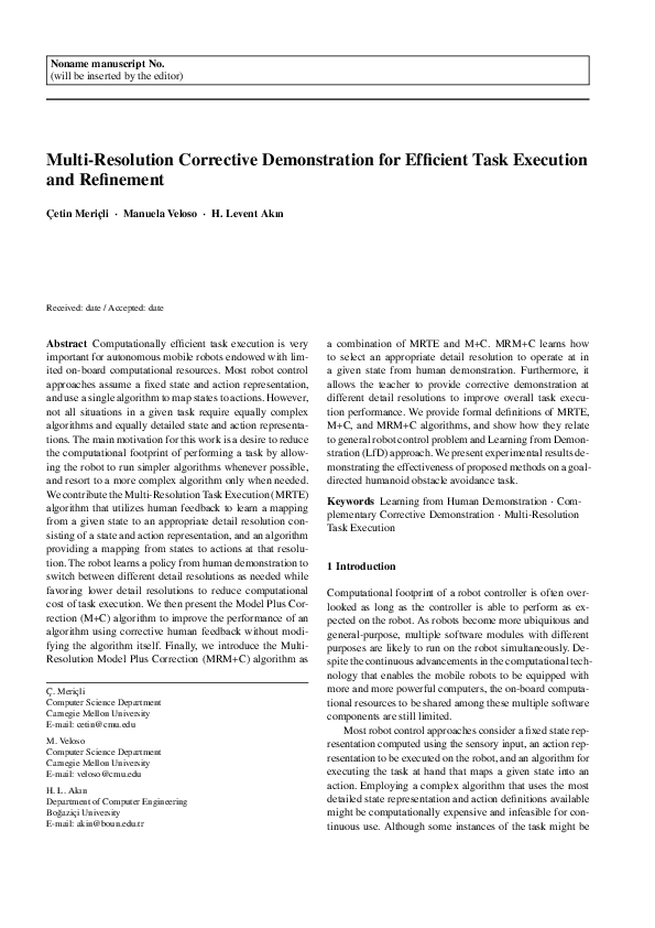 (PDF) Multi-resolution Corrective Demonstration for Efficient Task Execution and Refinement