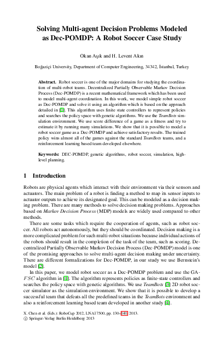 (PDF) Solving Multi-agent Decision Problems Modeled as Dec-POMDP: A Robot Soccer Case Study ...