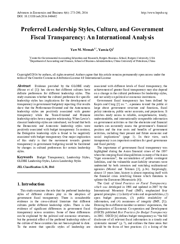 (PDF) Preferred Leadership Styles, Culture, and Government Fiscal ...