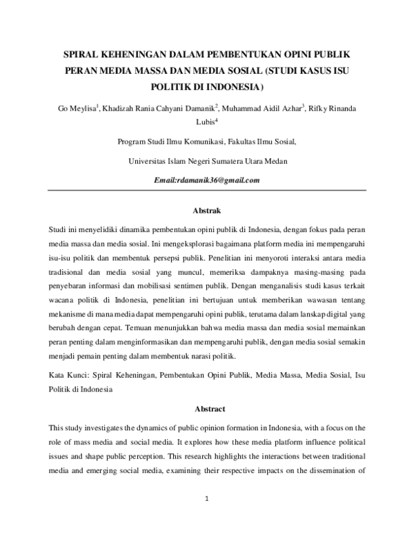 (PDF) SPIRAL KEHENINGAN DALAM PEMBENTUKAN OPINI PUBLIK PERAN MEDIA MASSA DAN MEDIA SOSIAL (STUDI ...