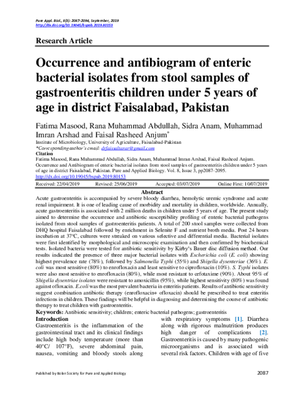 Occurrence and antibiogram of enteric bacterial isolates from stool ...