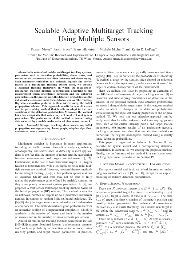 Pdf Scalable Adaptive Multitarget Tracking Using Multiple Sensors