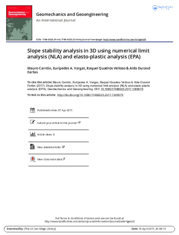 (PDF) Slope stability analysis in 3D using numerical limit analysis (NLA) and elasto-plastic ...