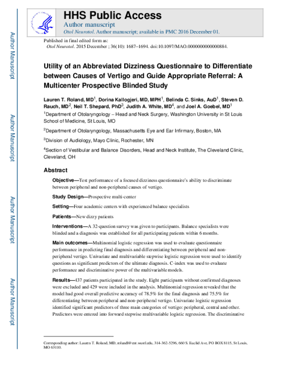 (PDF) Utility of an Abbreviated Dizziness Questionnaire to ...