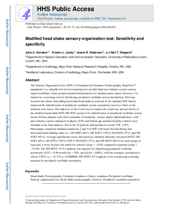 (PDF) Modified head shake sensory organization test: Sensitivity and ...