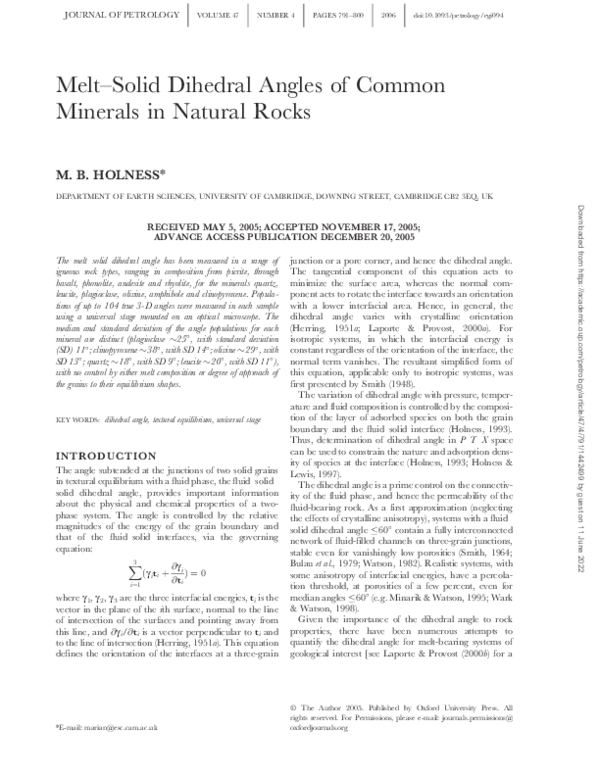 (PDF) Melt–Solid Dihedral Angles of Common Minerals in Natural Rocks | Prof. Marian B Holness ...