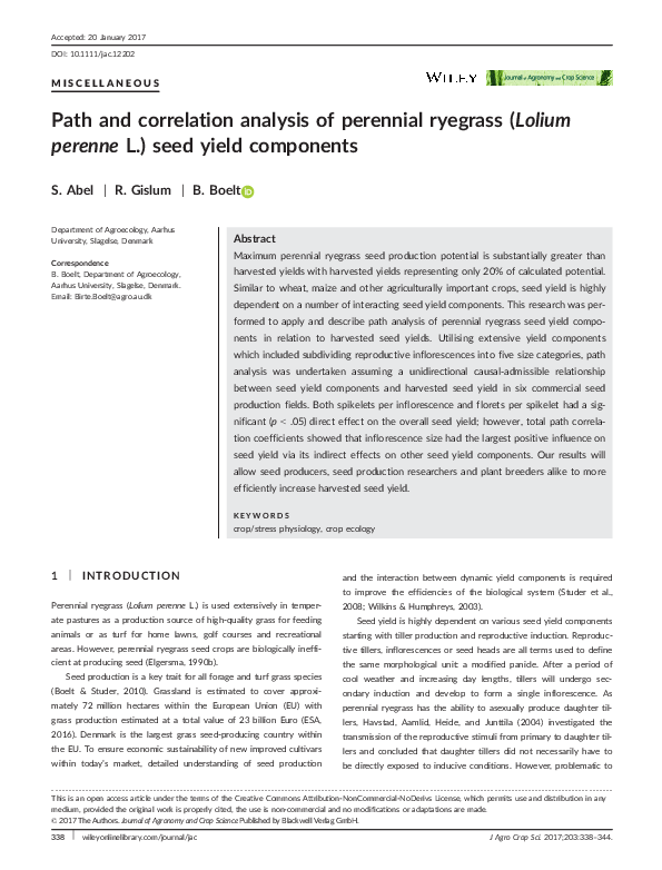 (PDF) Path and correlation analysis of perennial ryegrass ( Lolium perenne L.) seed yield components