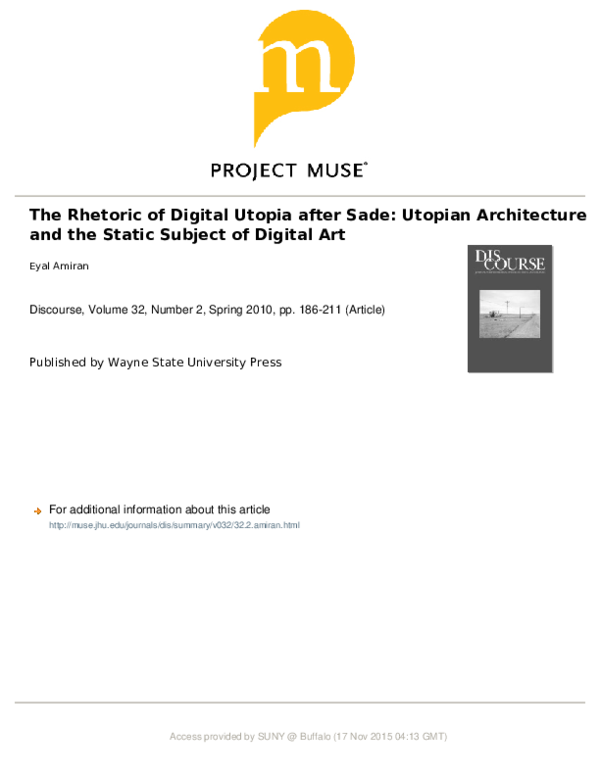 (PDF) The Rhetoric of Digital Utopia after Sade: Utopian Architecture and the Static Subject of ...