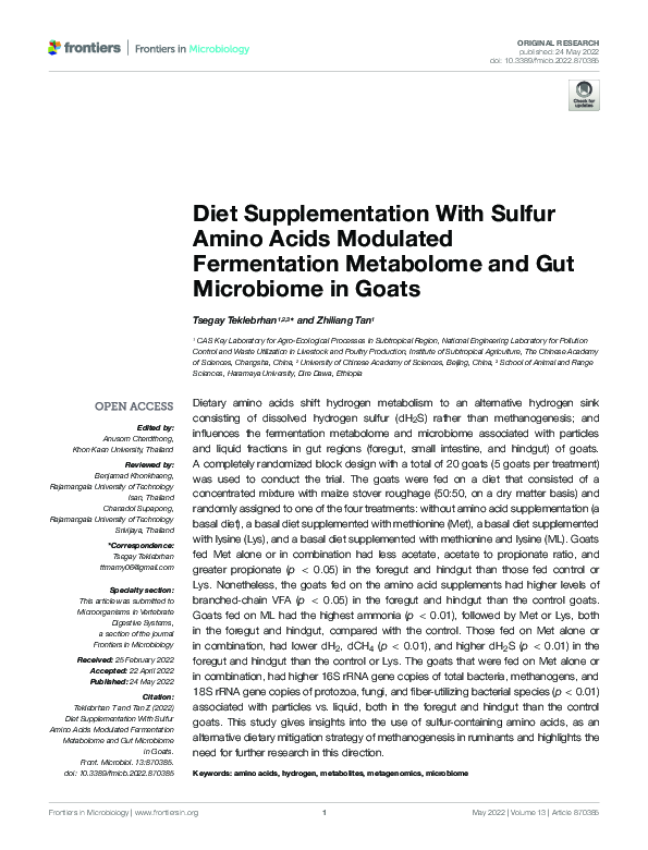 (PDF) Diet Supplementation With Sulfur Amino Acids Modulated ...