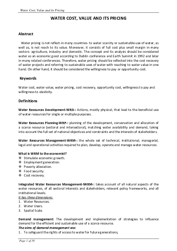(PDF) WATER COST, VALUE AND ITS PRICING