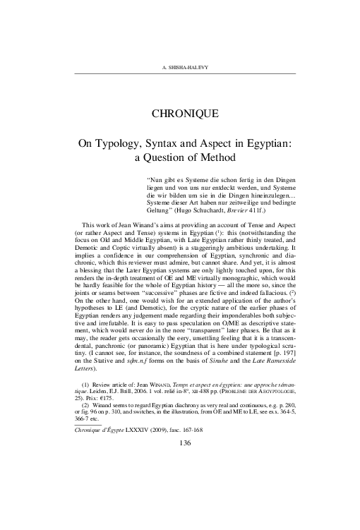 (PDF) On Typology, Syntax and Aspect in Egyptian: a Question of Method